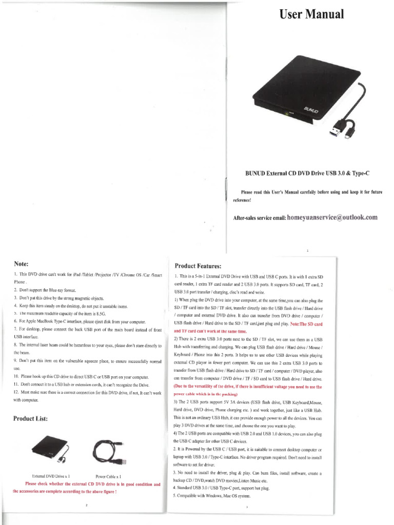 Portable CD DVD Drive Instruction Manual | PDF