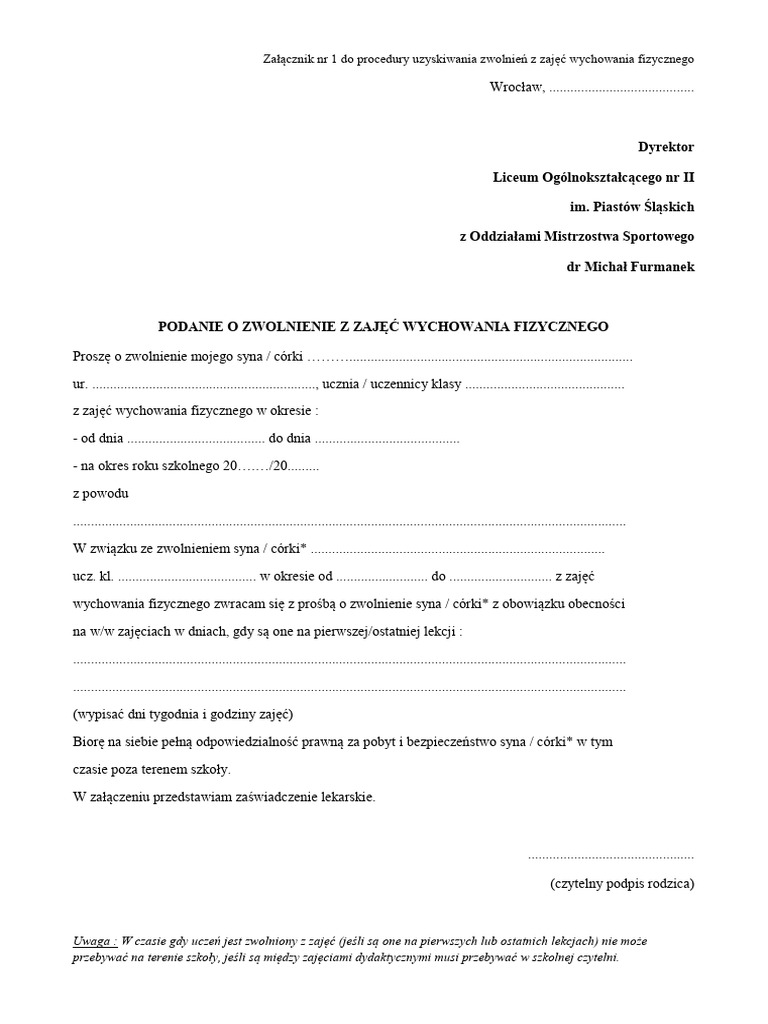 Druk o Zwolnienie Ucznia Z Zajec Wych - Fizycznego | PDF