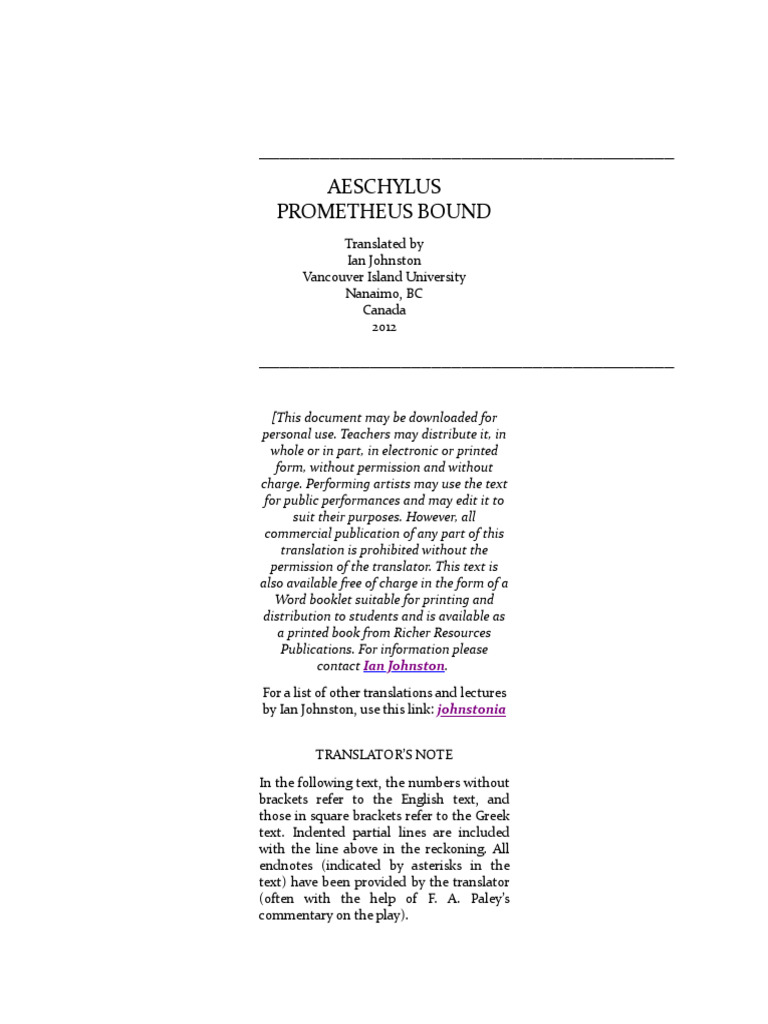 Aeschylus' Prometheus Bound Translation | PDF | Prometheus | Zeus