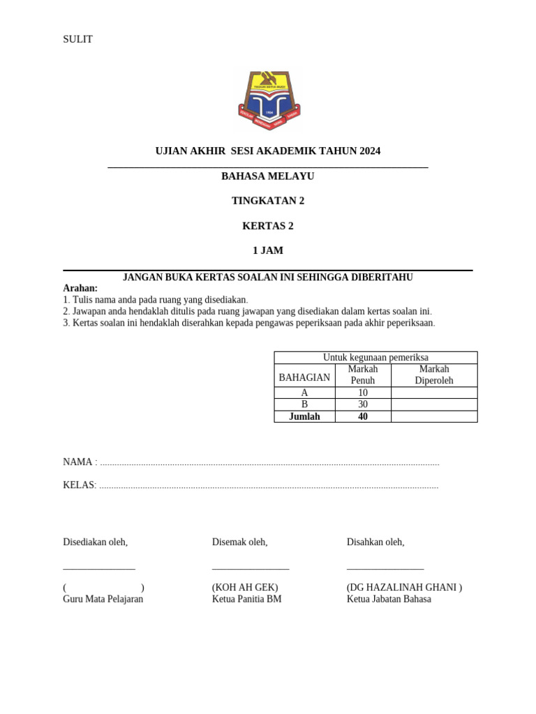 Uasa BM T2. Kertas 2 (Tingkatan 2) | PDF