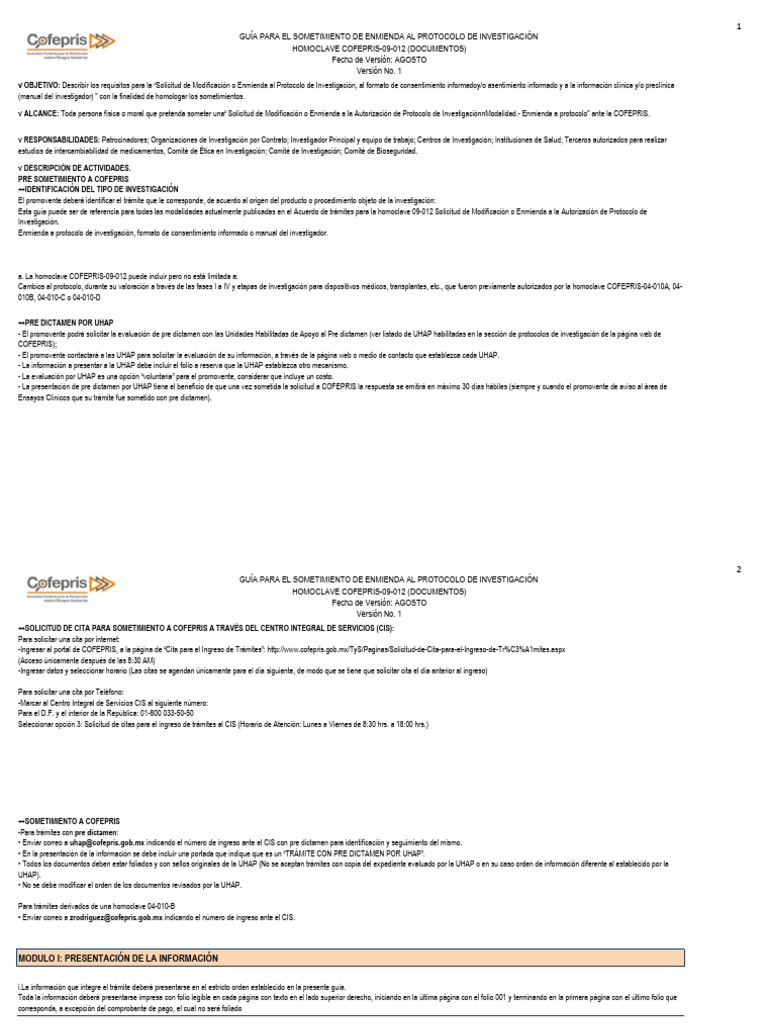 Gu A de Sometimiento COFEPRIS-09-012 ENMIENDA PROTOCOLO-MANUAL DEL INVESTIGADOR Y CONSENTIMIENTO ...