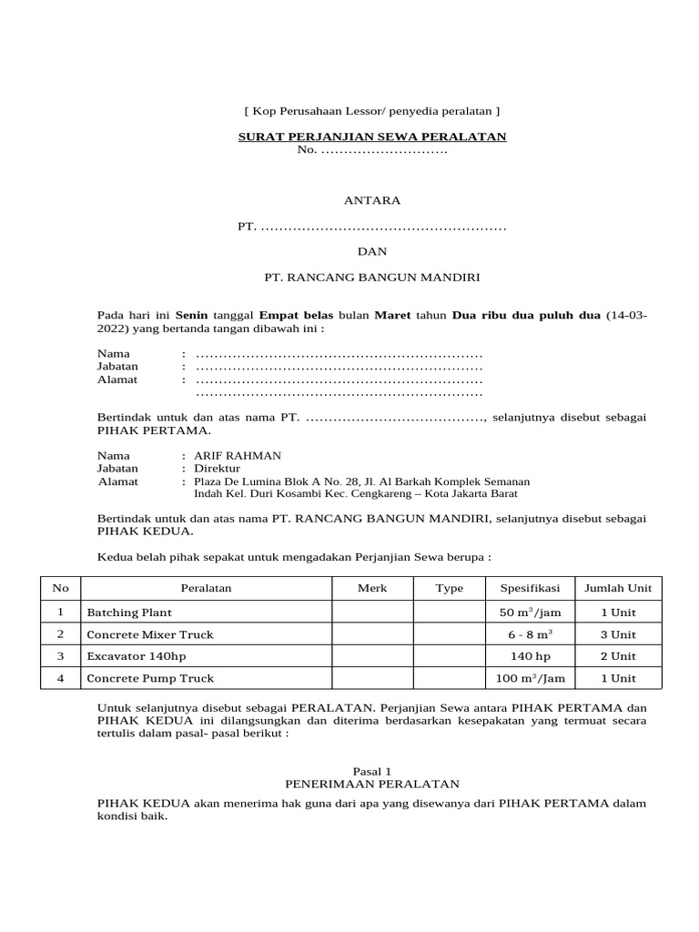 Format Sewa Perjanjian Alat - 1 | PDF