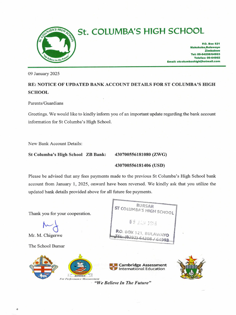 Notice on updated St Columbas High School Bank Account | PDF