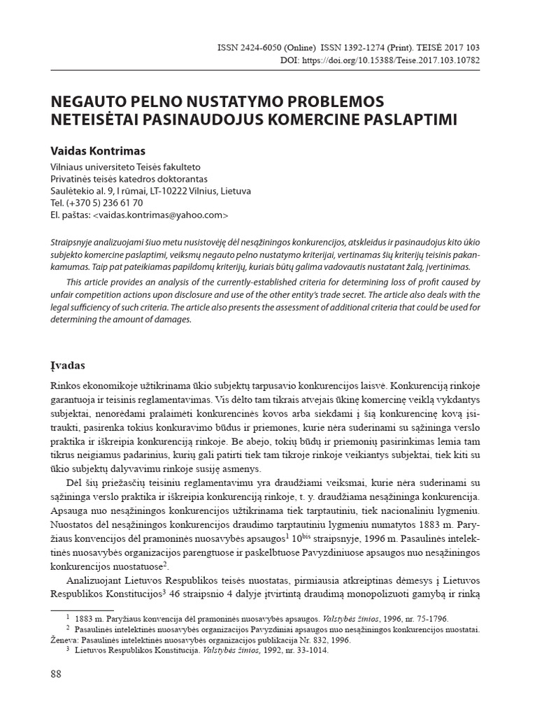Negauto Pelno Nustatymo Problemos Neteisėtai Pasinaudojus Komercine ...