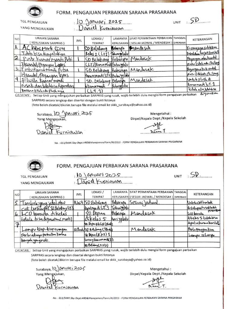 Form Pengajuan Perbaikan Sarana Prasarana | PDF