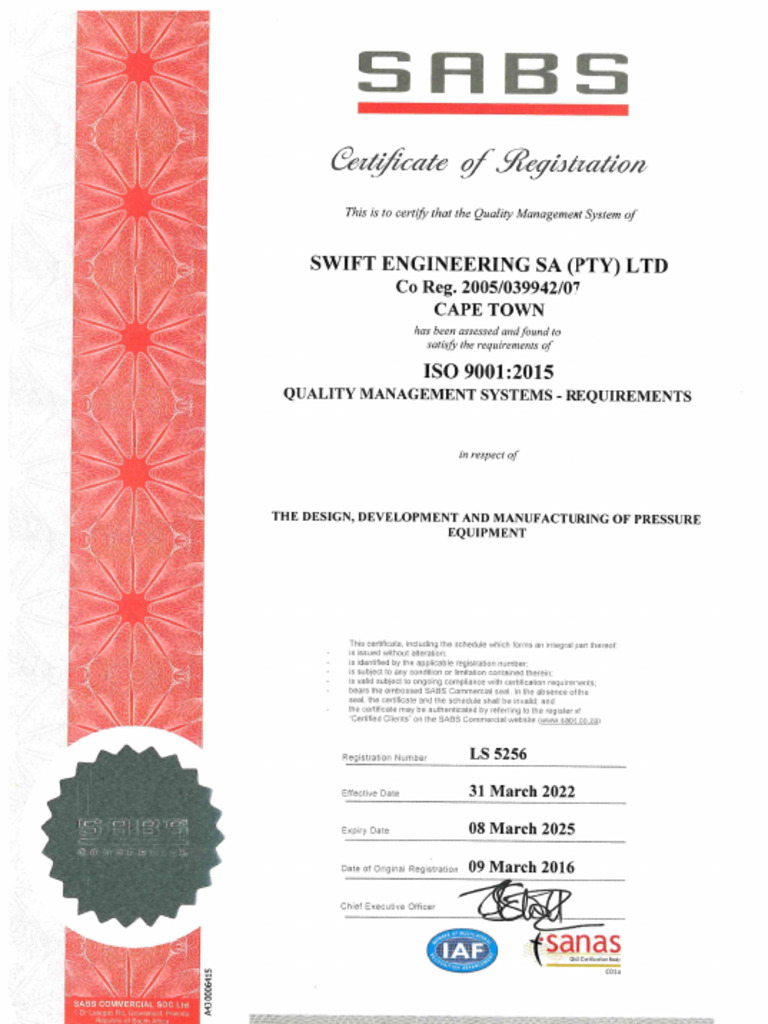 Swift Engineering SA ISO 9001-2015 SABS | PDF