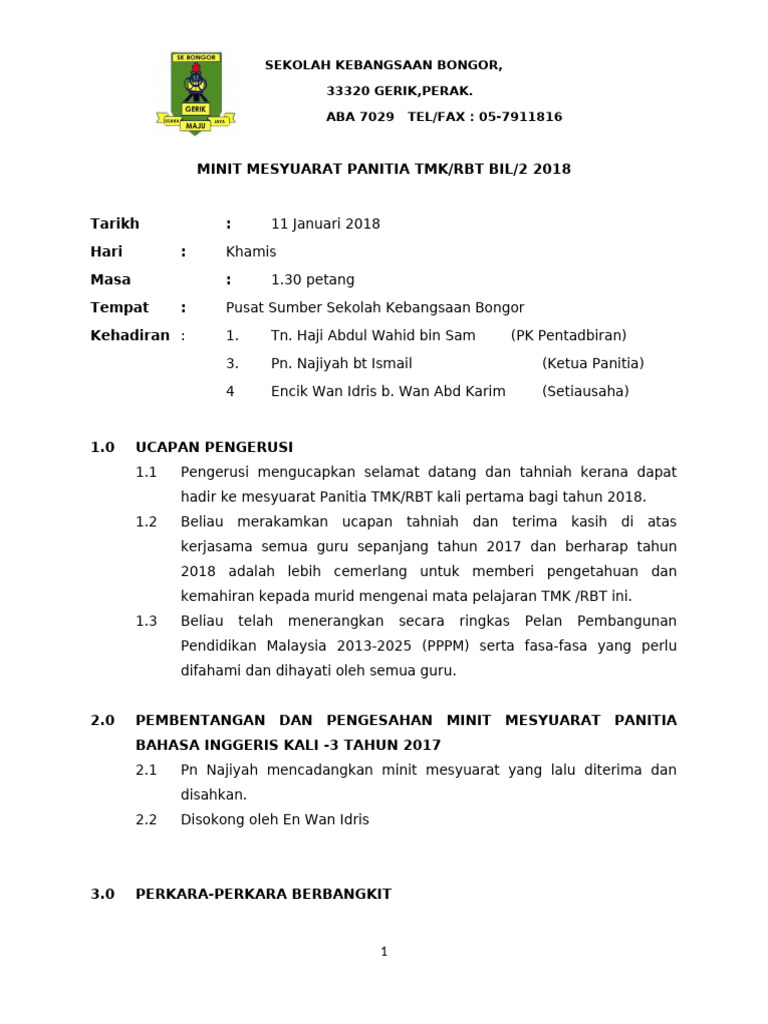 Minit Panitia RBT & TMK Bilangan 2 | PDF
