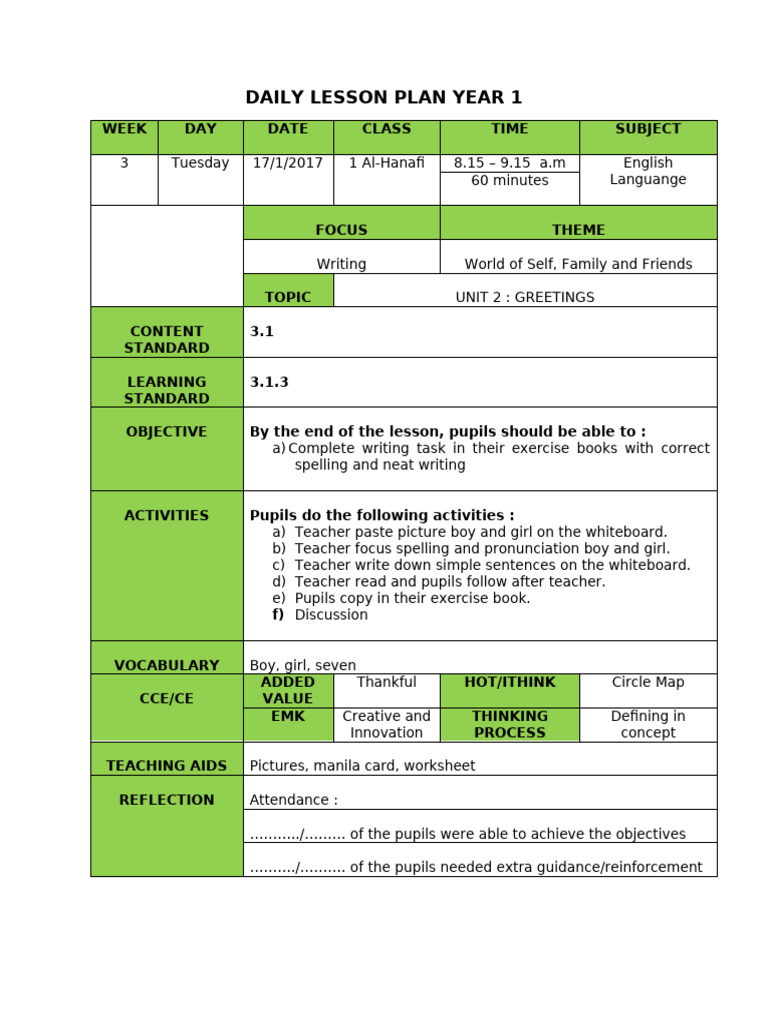 Daily Lesson Plan Year 1 | PDF | Lesson Plan | Teachers