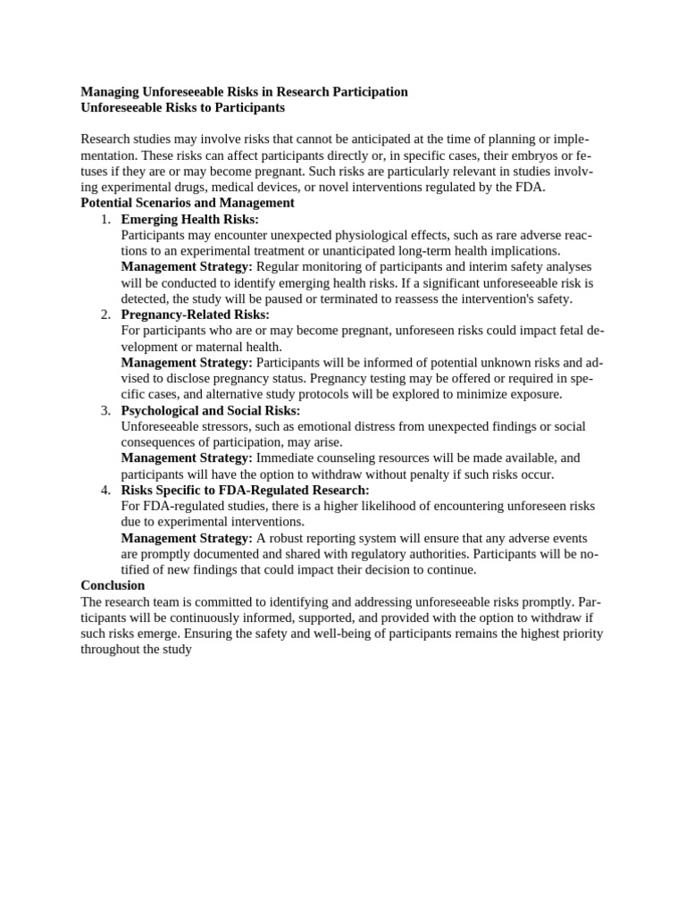 Unforeseeable Risks To Participants | PDF | Risk | Pregnancy