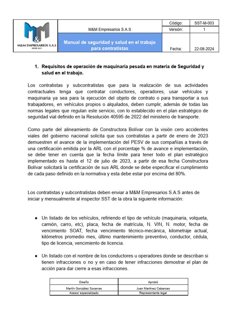 SST-M-003 Manual de Seguridad y Salud en El Trabajo para Contratistas | PDF | Licencia de conducir