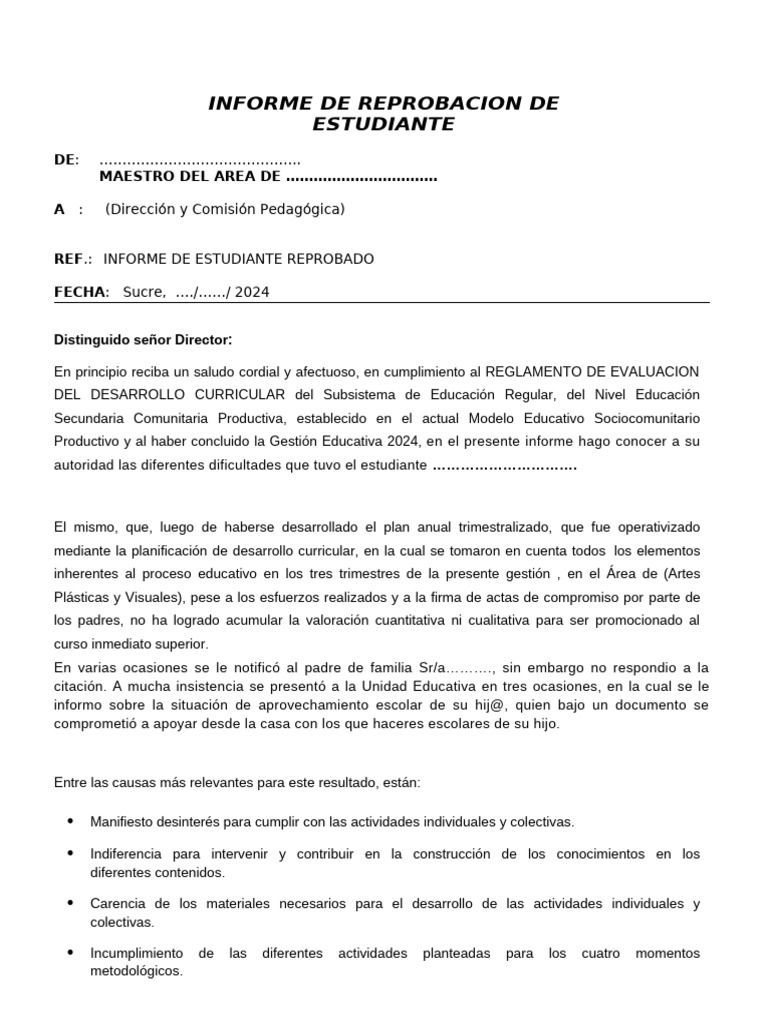 Modelo de Informe Estudiante Reprobado | PDF | Aprendizaje