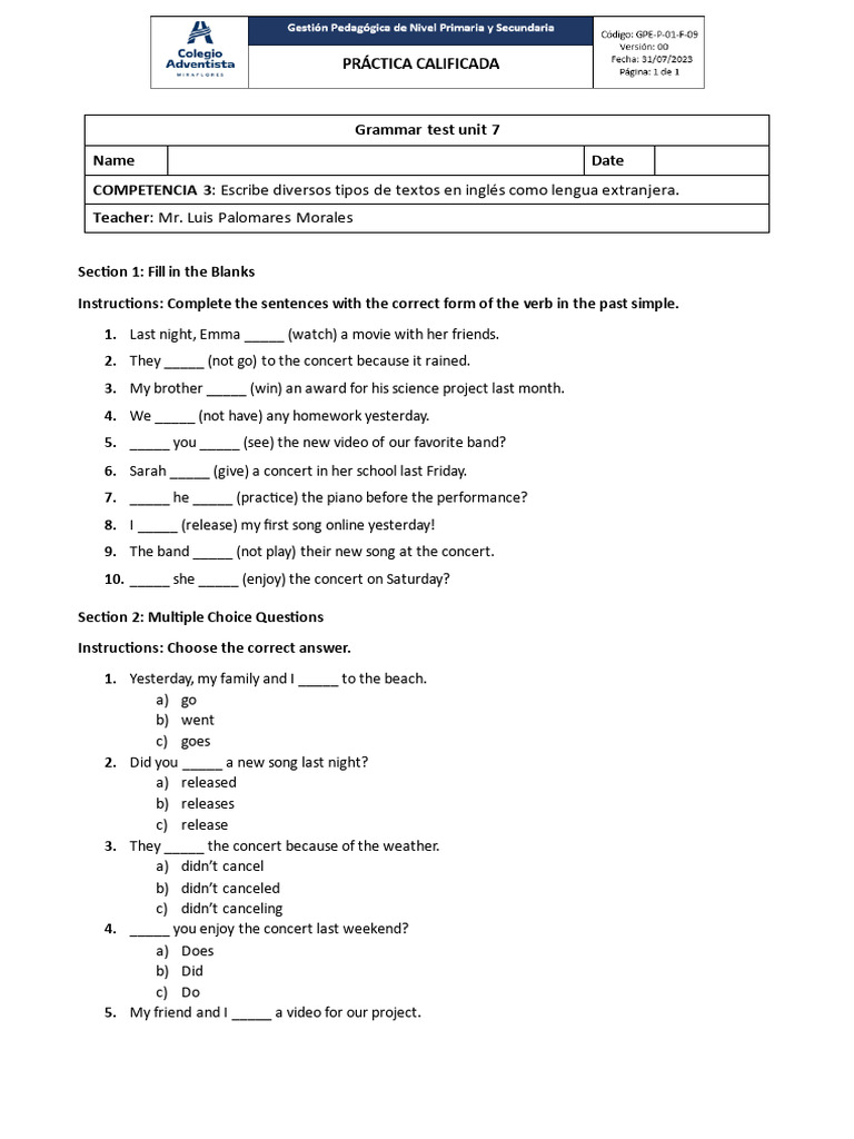 1ro Grammar PC U7 | PDF