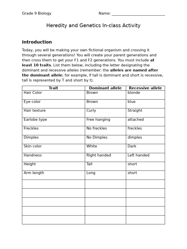 Grade 9 Heredity and Genetics In-Class Acitivity 1 | PDF | Dominance ...