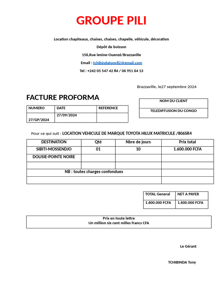 Location de véhicule - Facture Proforma | PDF