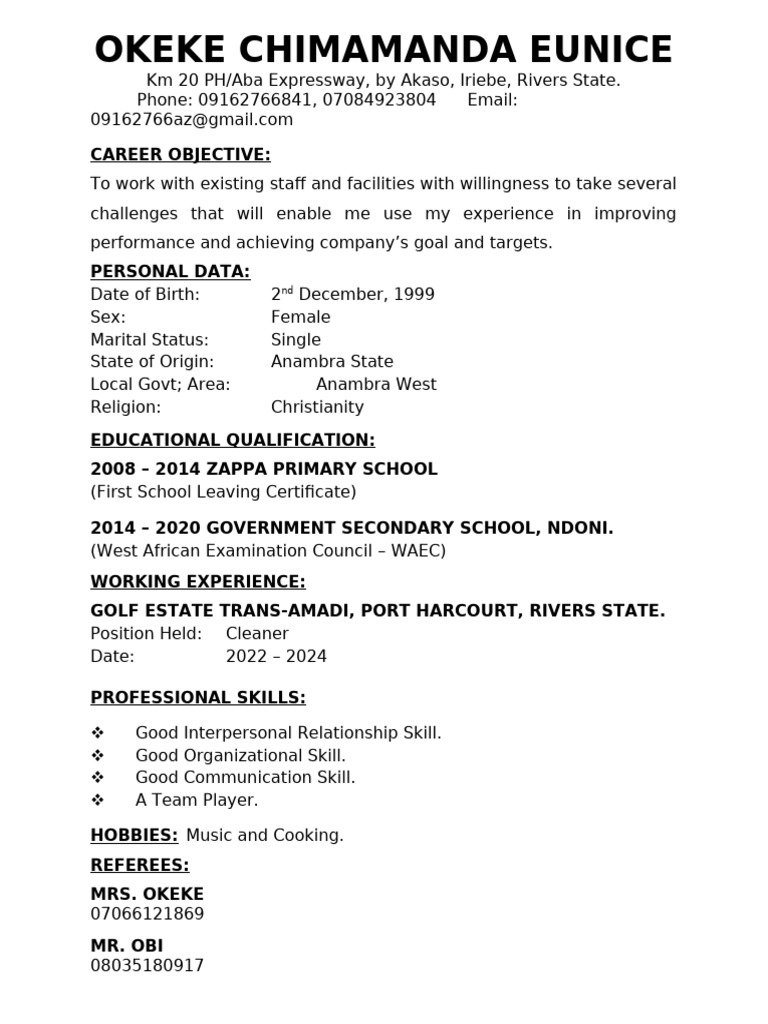 OKEKE CHIMAMANDA EUNICE CV | PDF