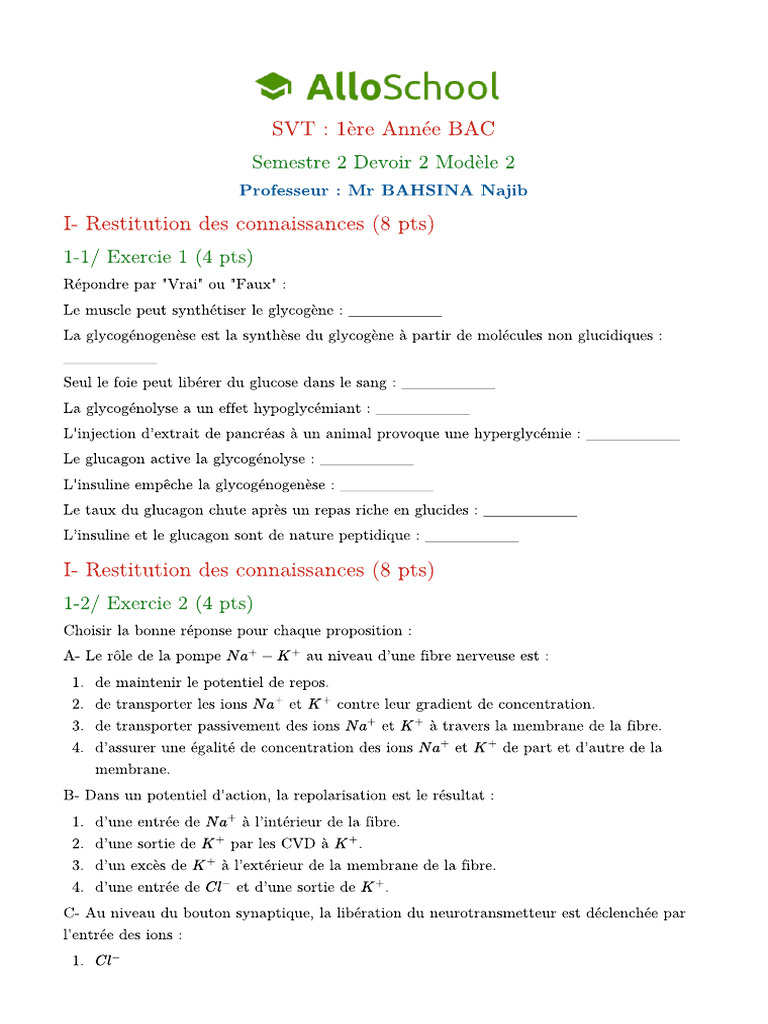 SVT 1bac Semestre 2 Devoir 2 Modele 2 1 | PDF