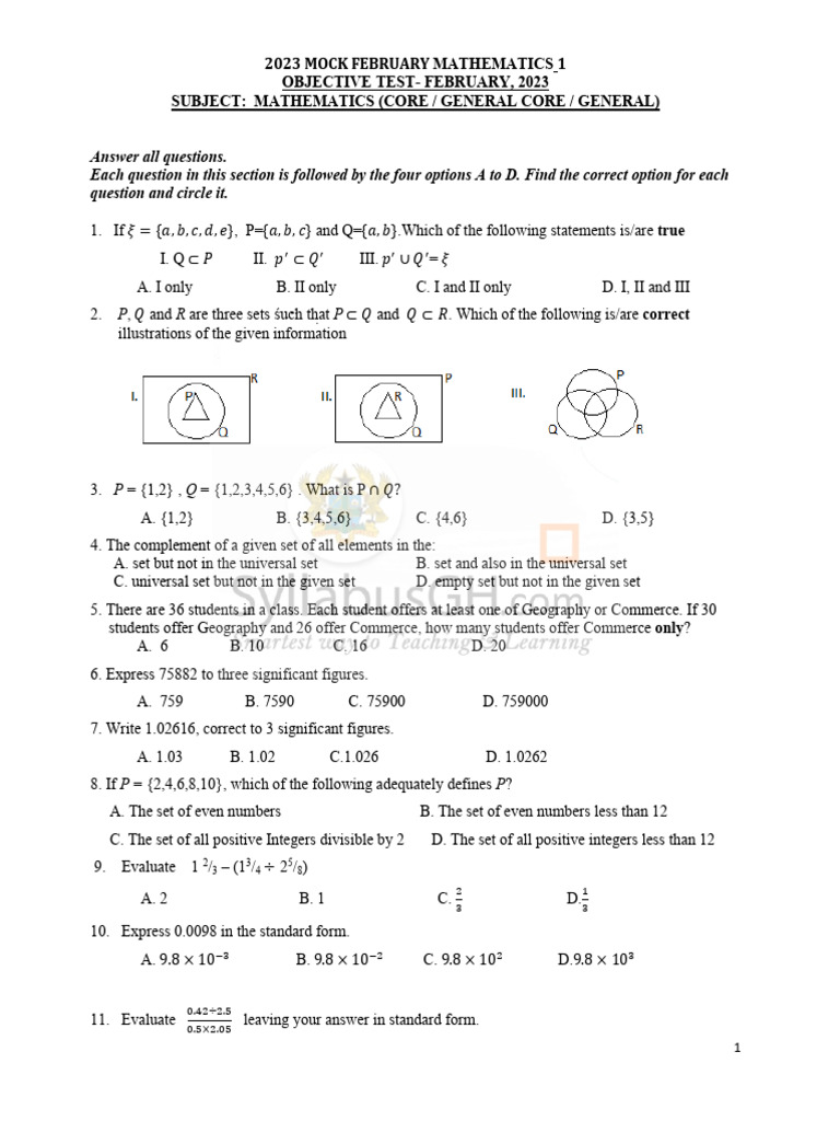 2023 Mock February Mathematics 1 | PDF | Mathematics