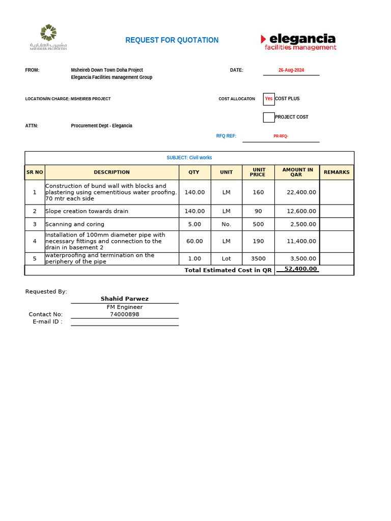 Civil Works RFQ for Msheireb Project | PDF