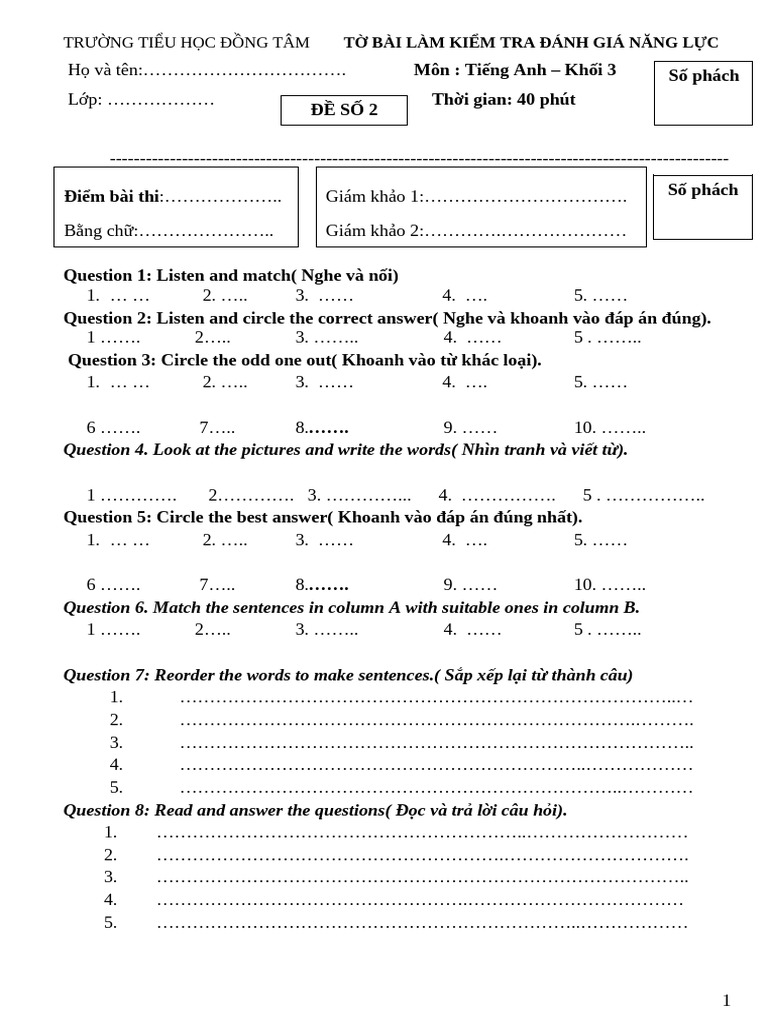 ĐỀ KIỂM TRA ĐÁNH GIÁ NĂNG LỰC HỌC SINH LỚP 3- NĂM 2019-2020- ĐỂ SỐ 1- PHẦN NGHE NHƯ NHAU | PDF