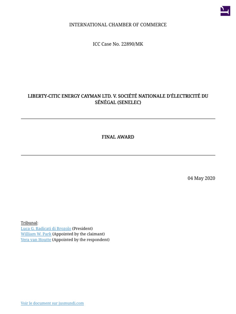 JusMundi PDF Liberty Citic Energy Cayman LTD V Senelec Icc Case No 22890 MK Final Award | PDF ...