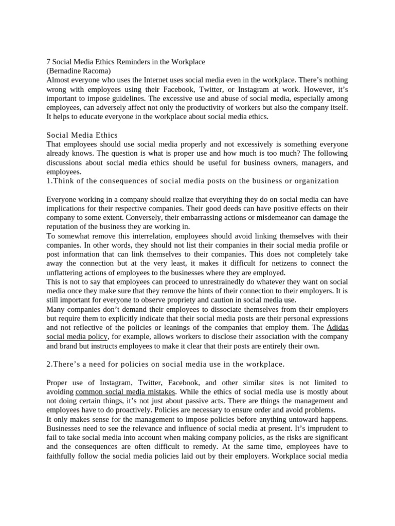 7 Social Media Ethics Reminders in The Workplace | PDF | Social Media ...