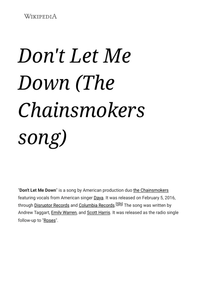 Don't Let Me Down (The Chainsmokers Song) - Wikipedia | PDF | Music ...