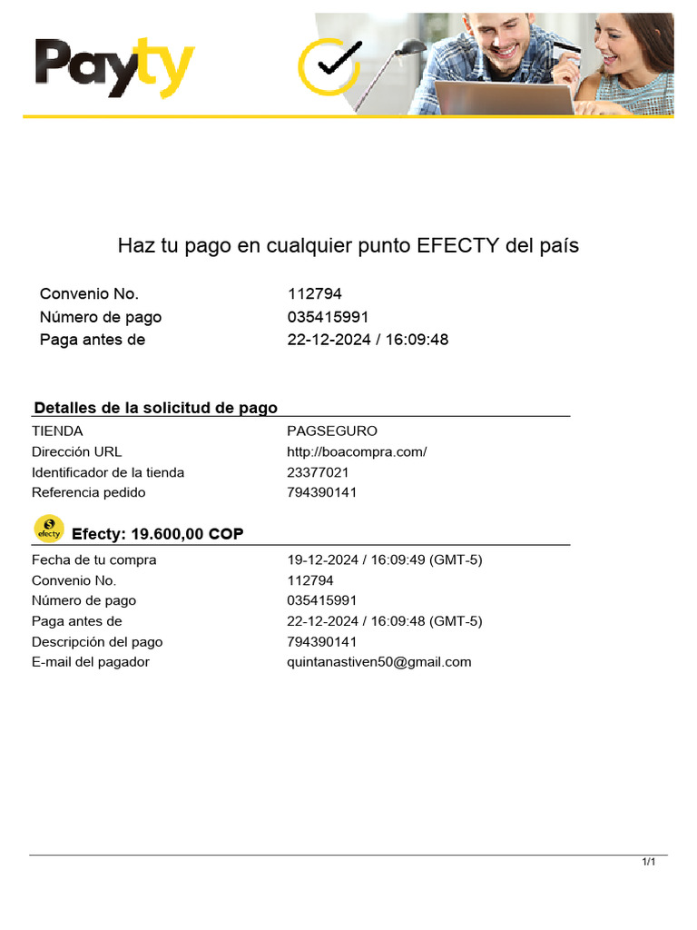 Pago Efecty Convenio 112794 Detalles | PDF