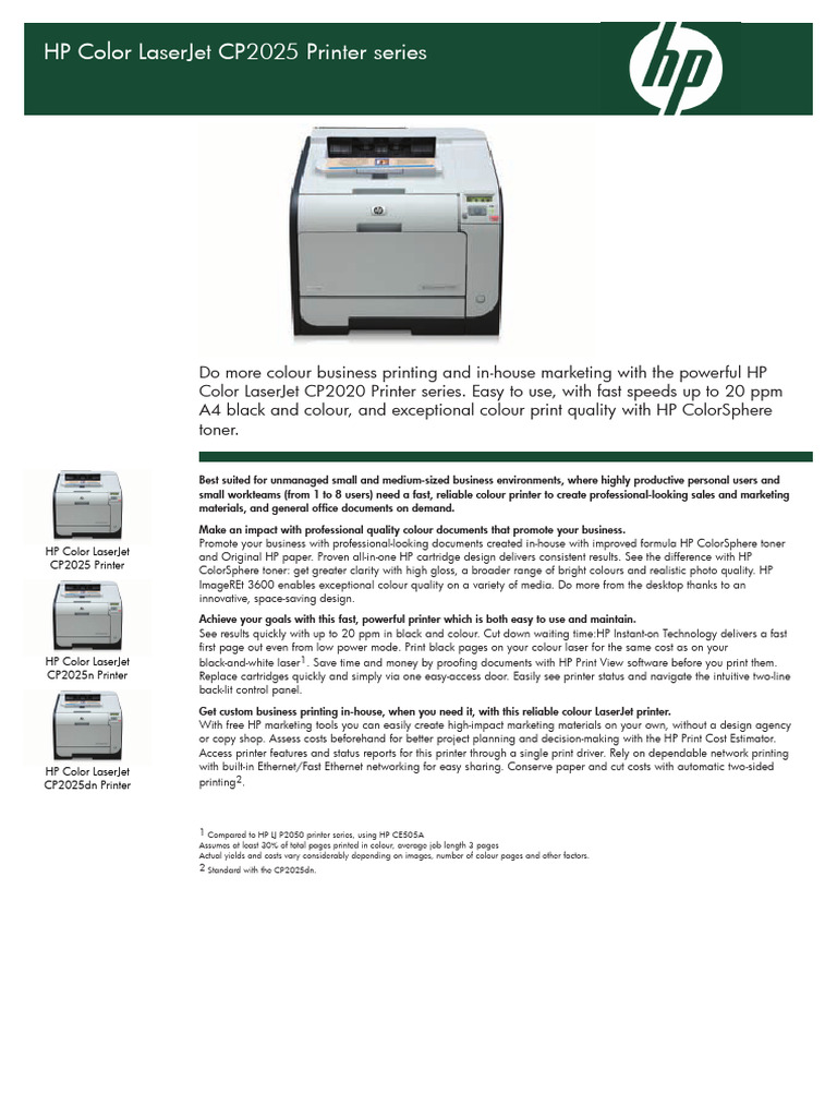 hp-clj-pro-cp2020-datasheet | PDF | Printer (Computing) | Microsoft Windows