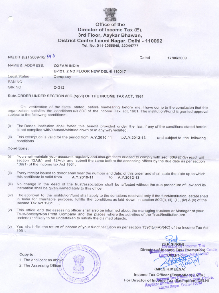 Oxfam India 80G Certificate | PDF | Payments | Taxation