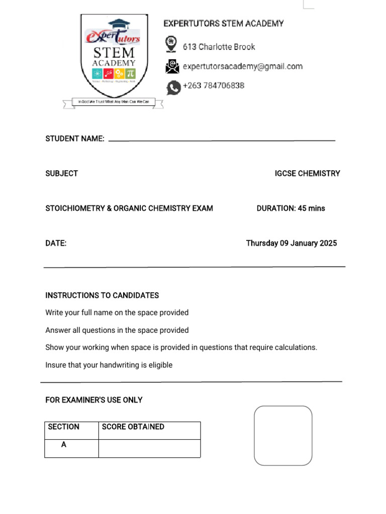 IGCSE Chemistry Exam: Stoichiometry & Organic | PDF