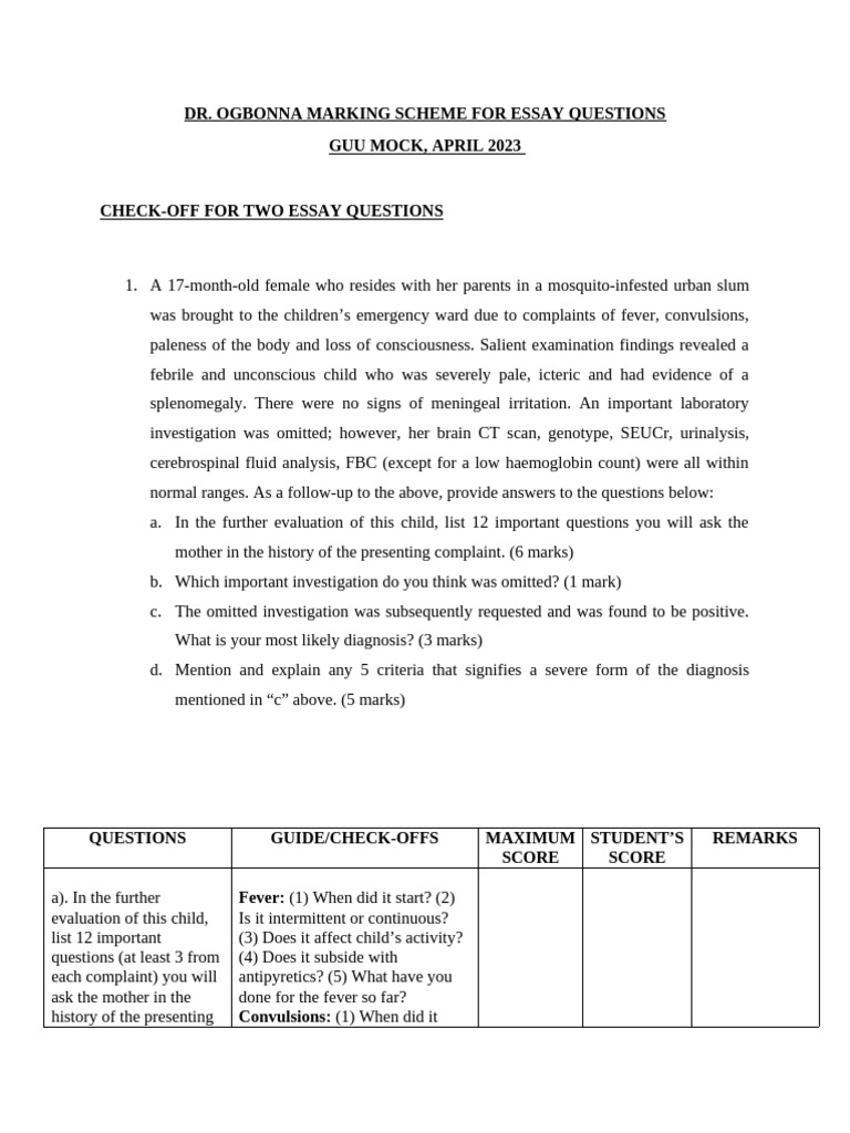 Essay - Marking Scheme - Mock - April 2023 | PDF | Malaria | Epidemiology