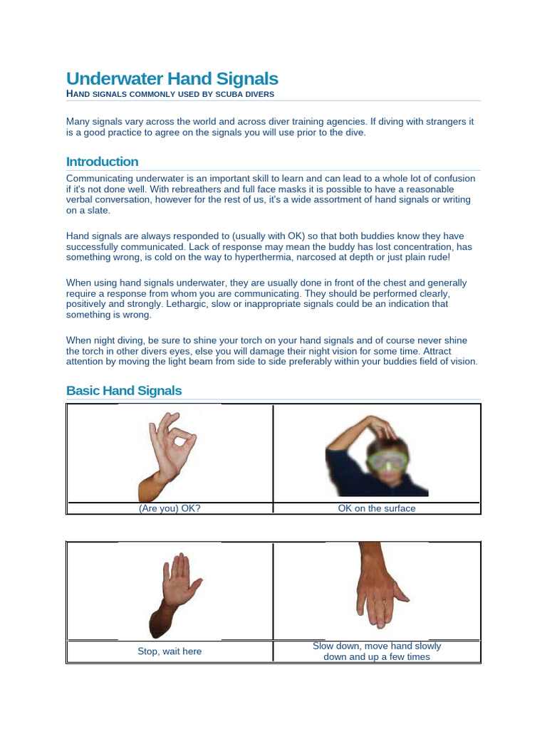Underwater Hand Signals | PDF | Scuba Diving | Underwater Diving