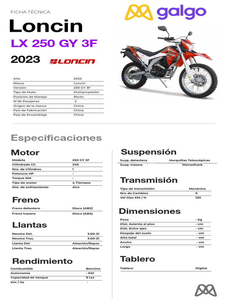 Ficha Técnica Loncin LX 250 GY 3F | PDF