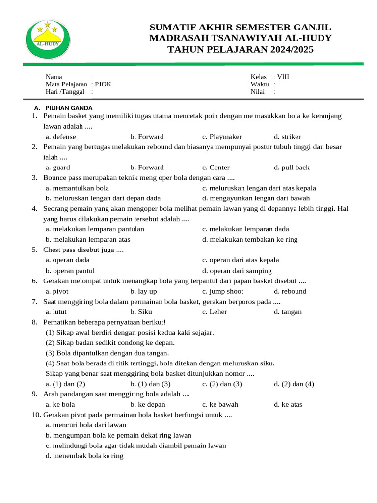Sumatif Akhir Semester Ganjil Pjok 8 | PDF