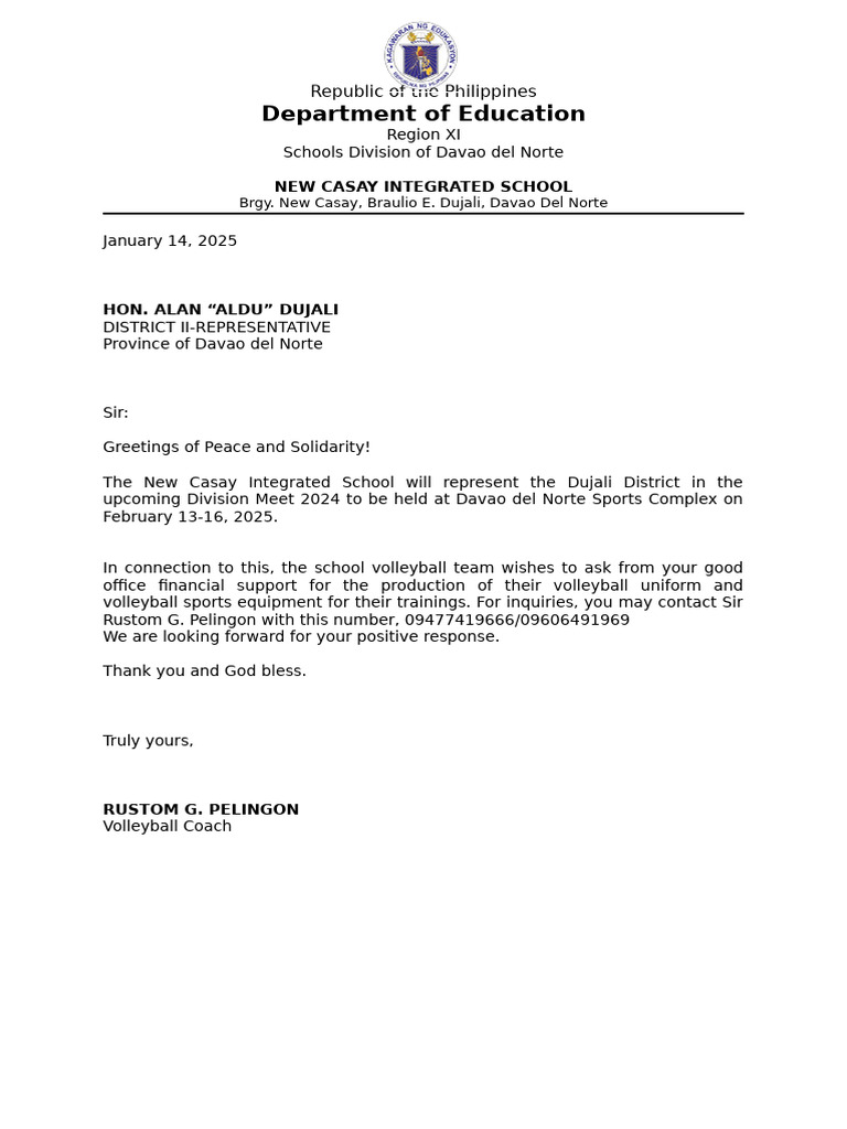 Letter Request For Financial Support For Volleyball Uniform of Ncis | PDF