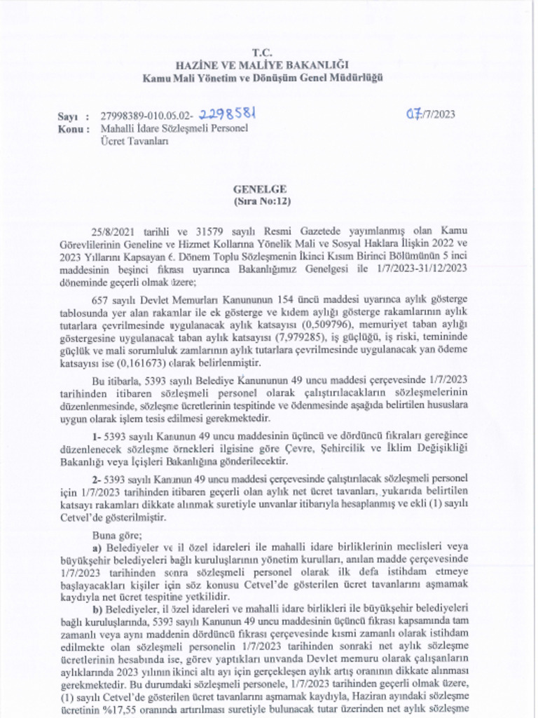 10.07.2023 y L Temmuz Ay Mahall Idare Sozlesmel Personel Ucretler Hakk Nda Genelge ...