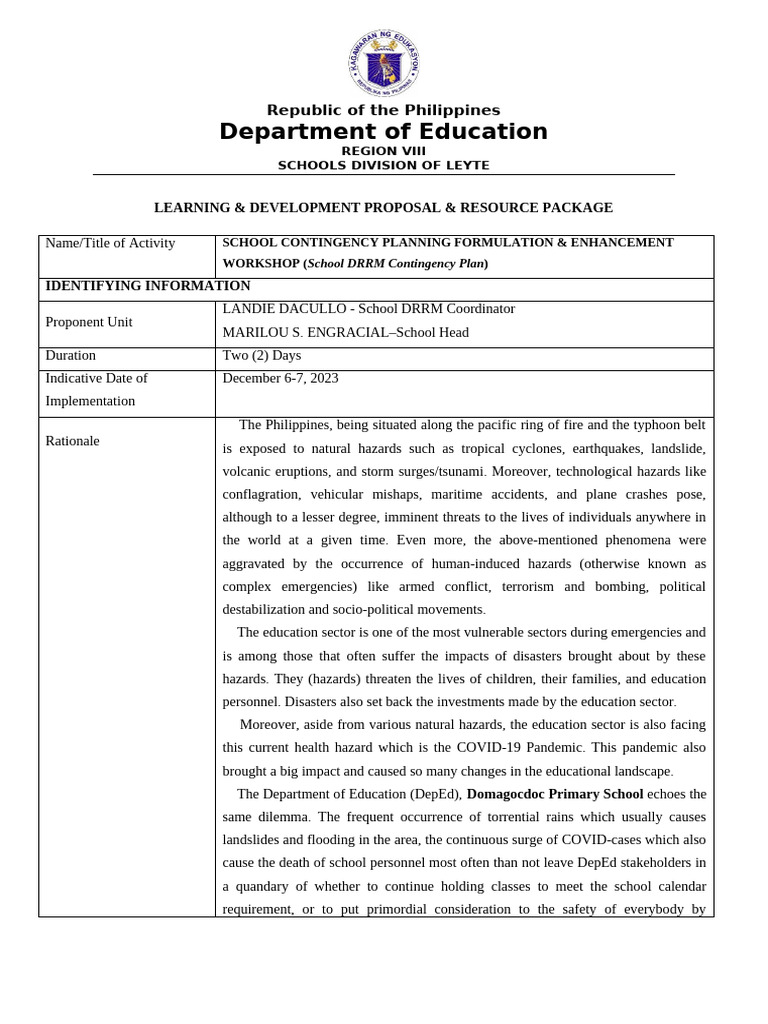 DRRM Workshop for School Contingency Plan | PDF | Hazards | Natural ...