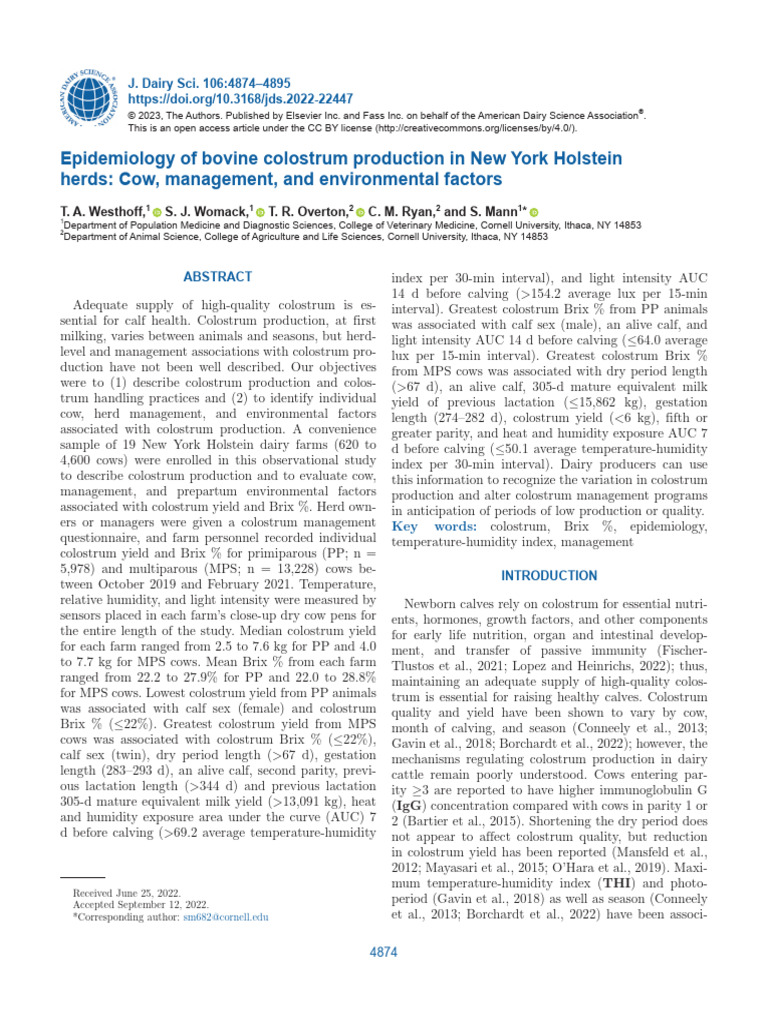 Epidemiology of Bovine Colostrum Production in New York Holstein Herds ...