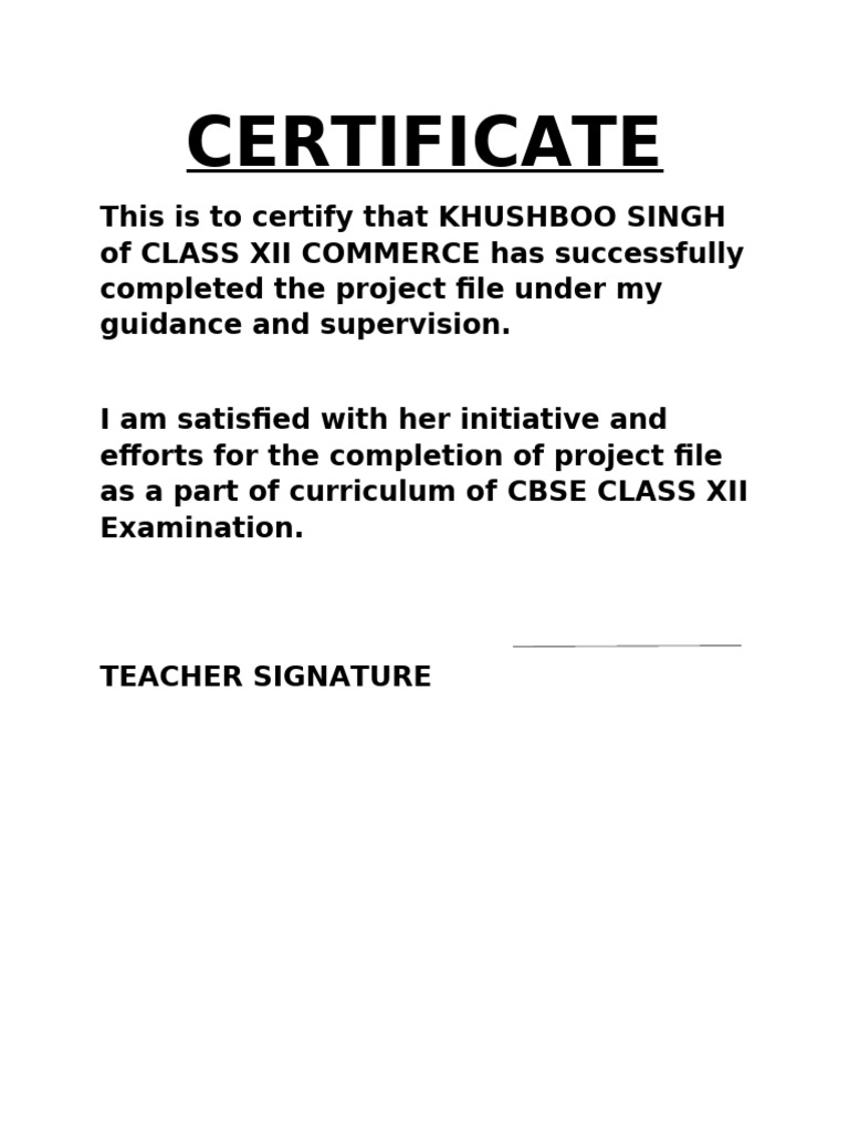 CBSE Class XII Commerce Project Completion Certificate | PDF