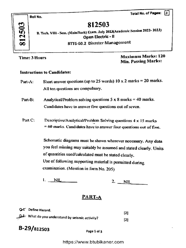 Btech It 8 Sem Disaster Management 812503 Jul 2023 | PDF