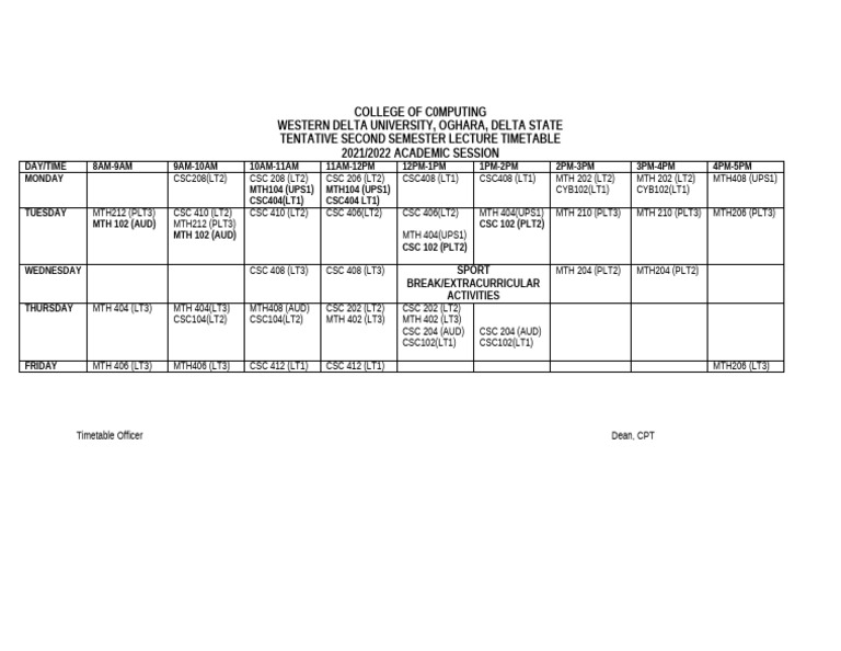 CPT Second Semester Lecture Timetable | PDF