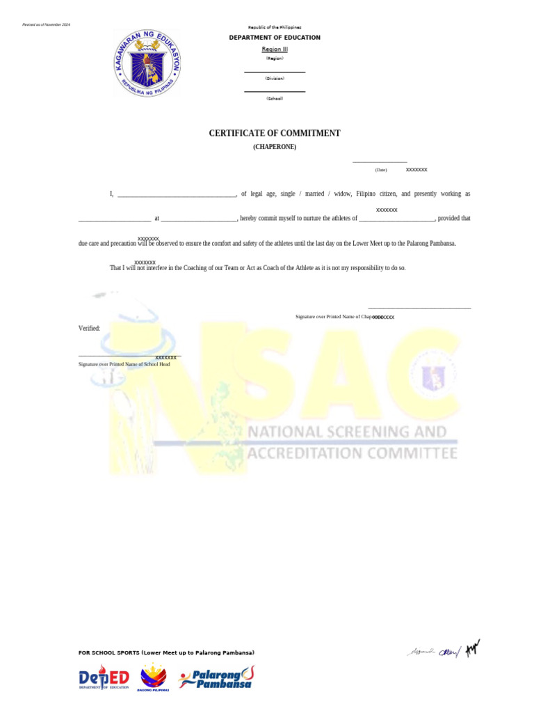 Certificate of Commitment for Chaperone | PDF | Philippines