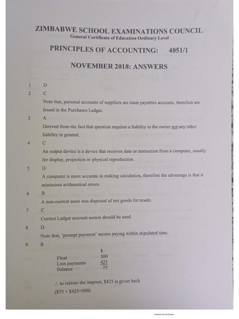 Principles of Accounts November 2018 Paper 1 Solutions | PDF