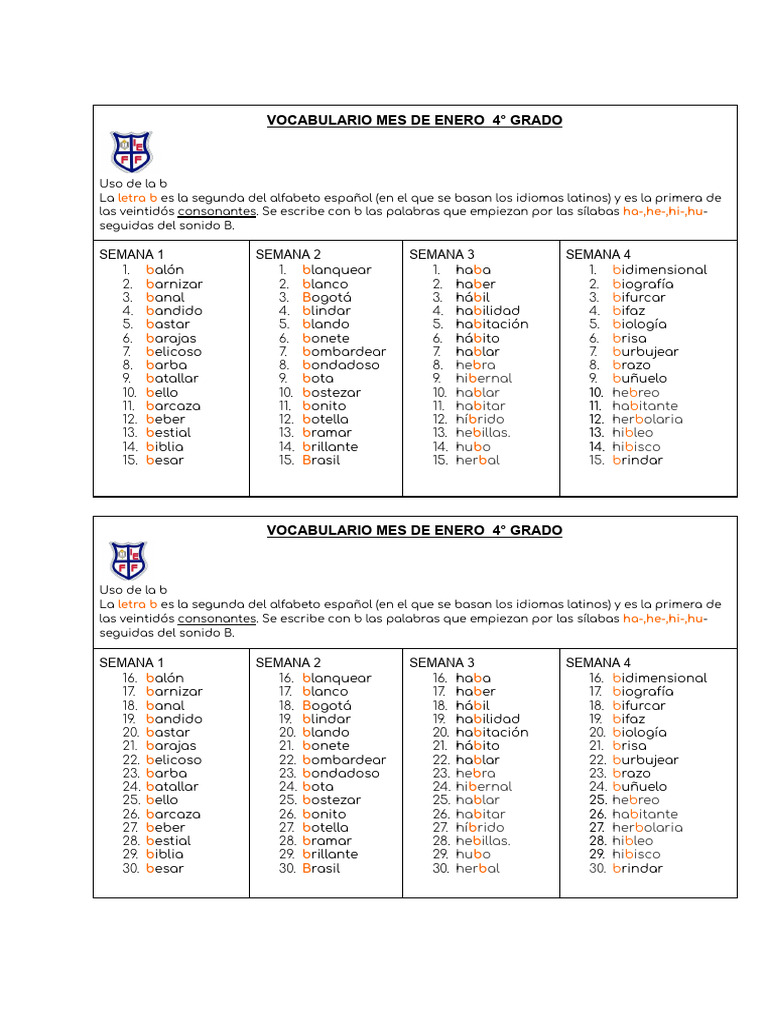 Vocabulario de enero 4° grado: letra b | PDF