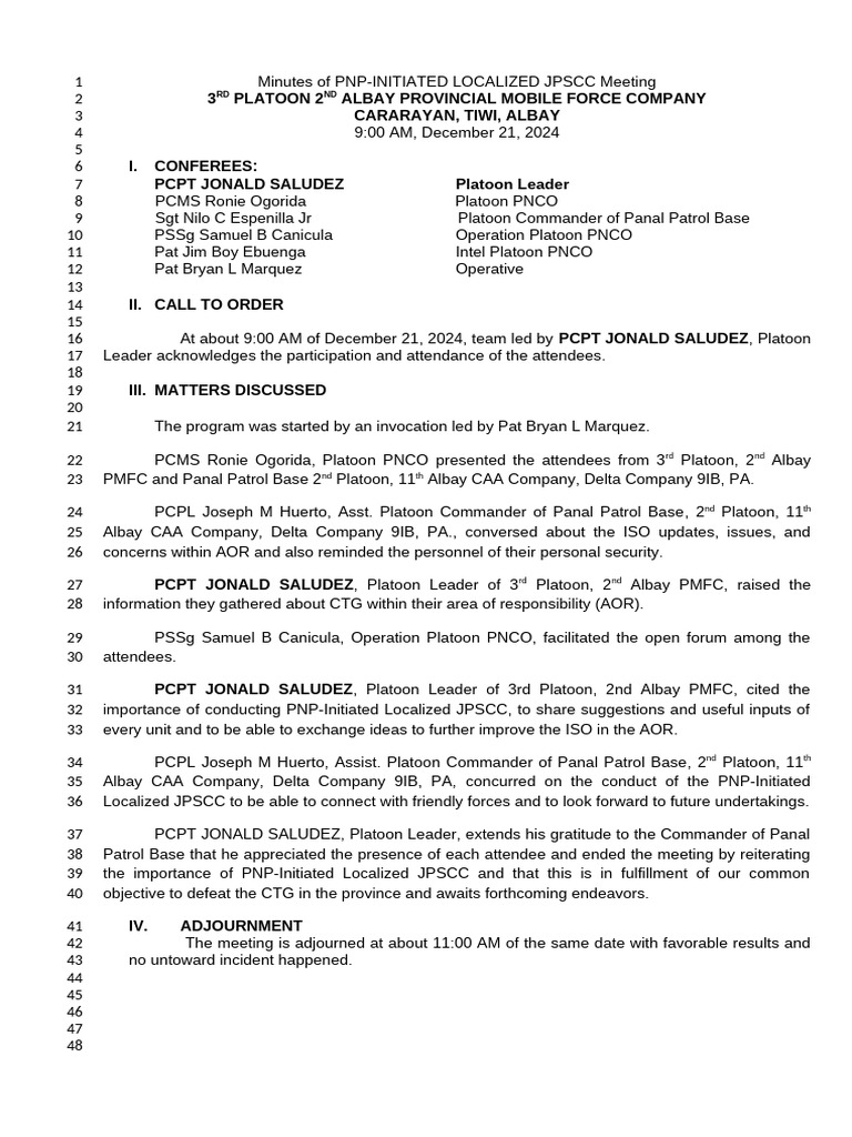 Meeting Minutes JPSCC 12 21 2024 | PDF | Military | Military Organization