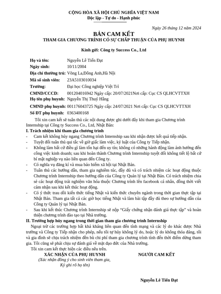 12.1.ĐHCNVT 親権者同意書 - Ban Cam Ket Tham Gia CT Co Su Chap Thuan Cua Phu Huynh Success 2 2024 | PDF