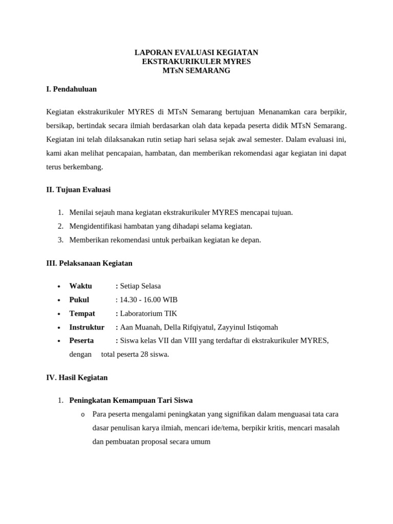 Laporan Evaluasi Kegiatan Myres | PDF