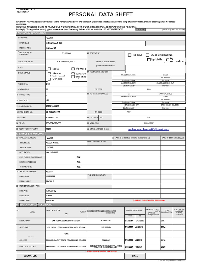 CS Form No. 212 Personal Data Sheet revised HAMSA | PDF | Justice | Crime & Violence