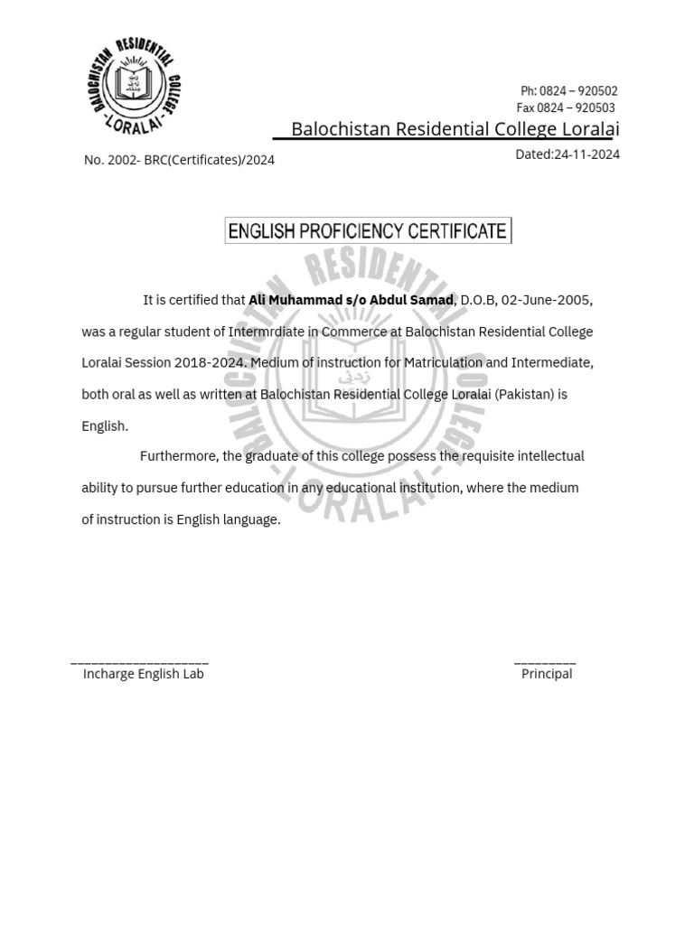 Sample of English Proficiency Certificate for Foreign Universities.pdf_20250106_2q33845_0000 | PDF