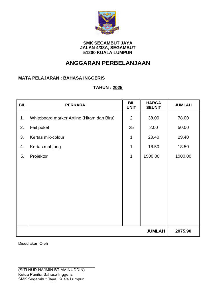 Anggaran Perbelanjaan Panitia 2025 | PDF